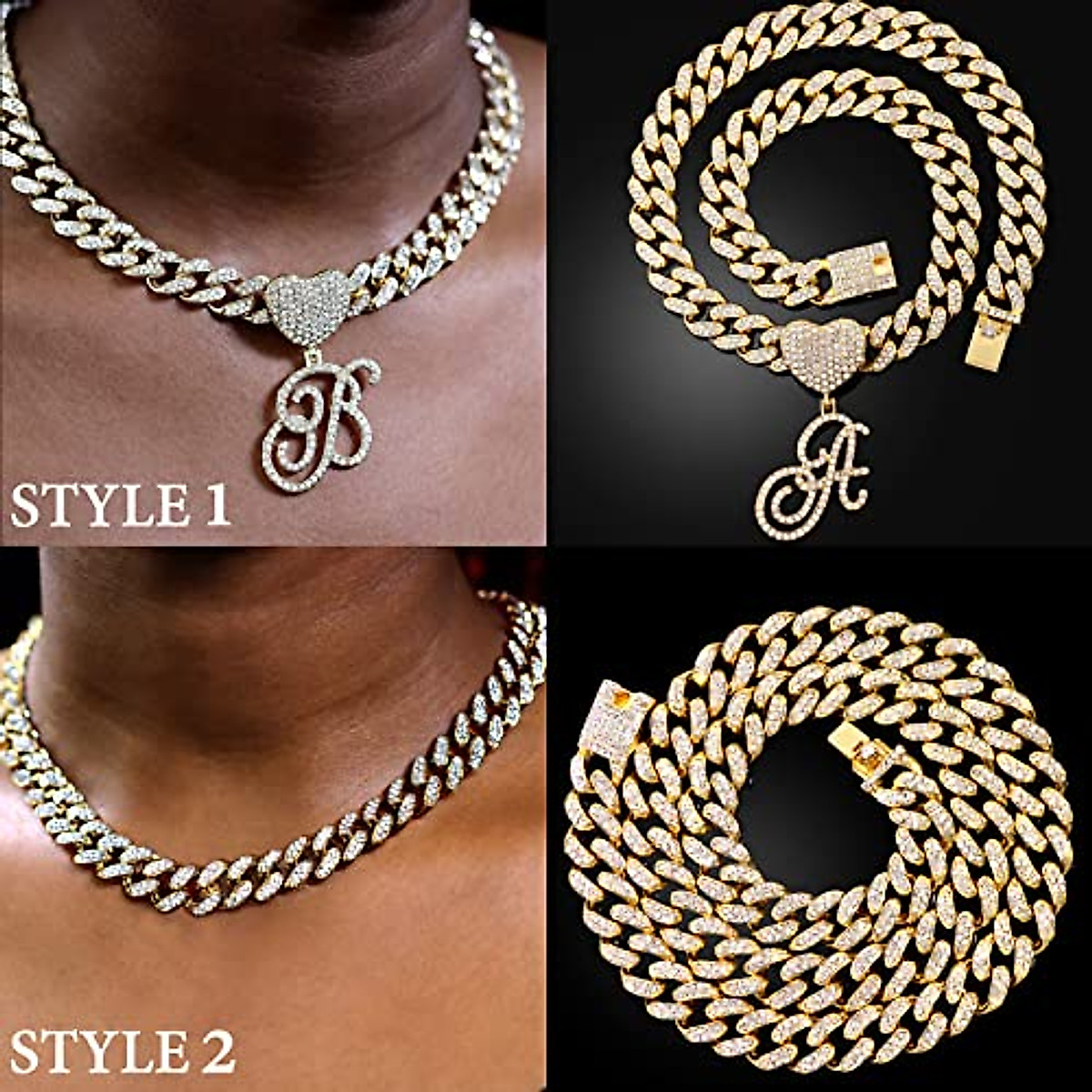 PTJDSMF Gold Initial Cuban Link Chain for Women Miami Iced Out Chain for women Bling Diamond Chain Necklace Hip Hop Jewelry (A)