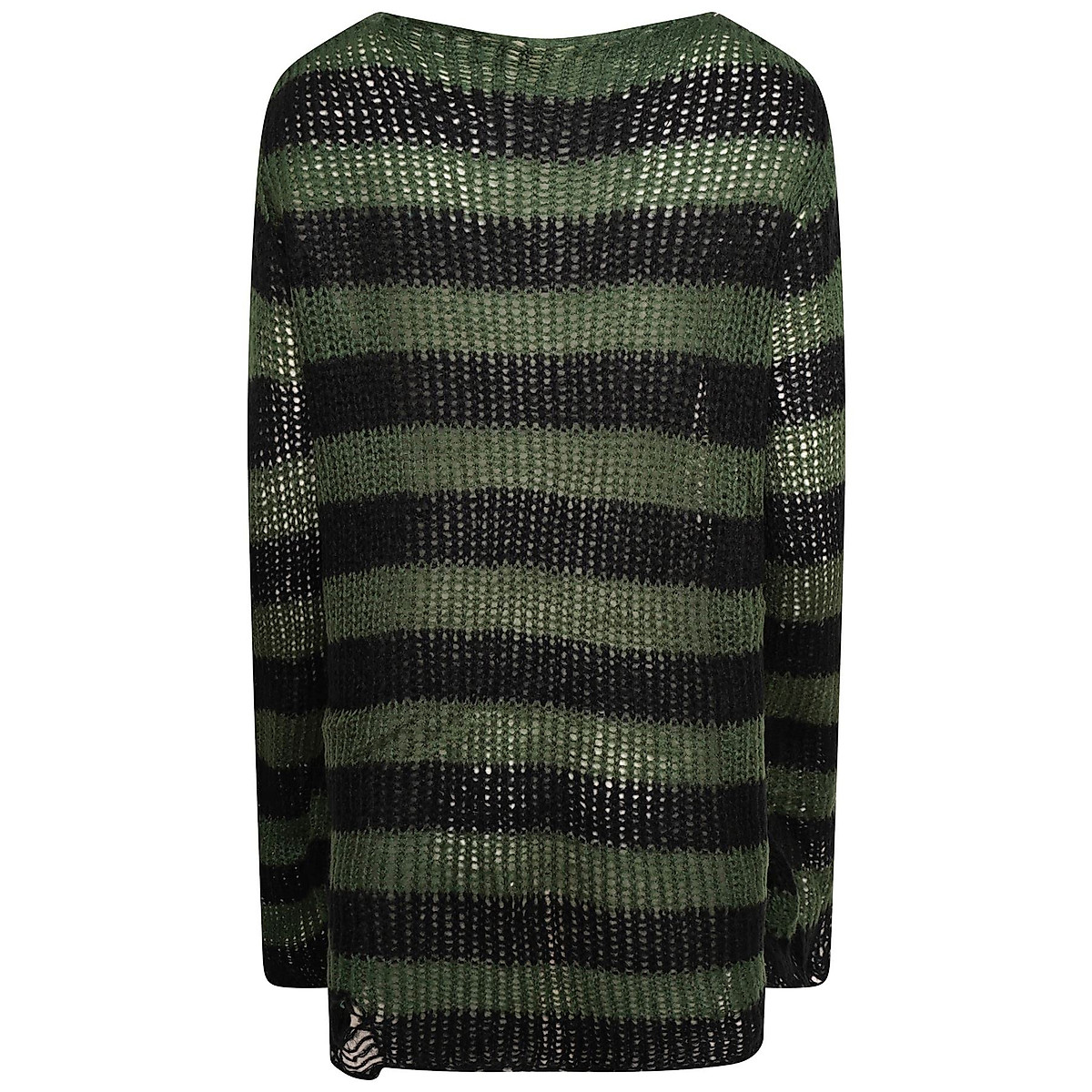 Ro Rox Gothic Knitted Jumper with Distressed Look - Oversized Pullover with Ripped Design, Long Sleeves, Loose Fit, 90s Grunge Style Stripe Pattern, Green, L-XL