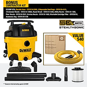 DEWALT 9 Gallon STEALTHSONIC Ultra Quiet Poly Wet/Dry Vacuum, DXV09P-QTA Newest Noise Reduction Vac, Heavy Duty Shop Vacuum for Jobsite/Workshop, Reduce Motor Noise, Yellow