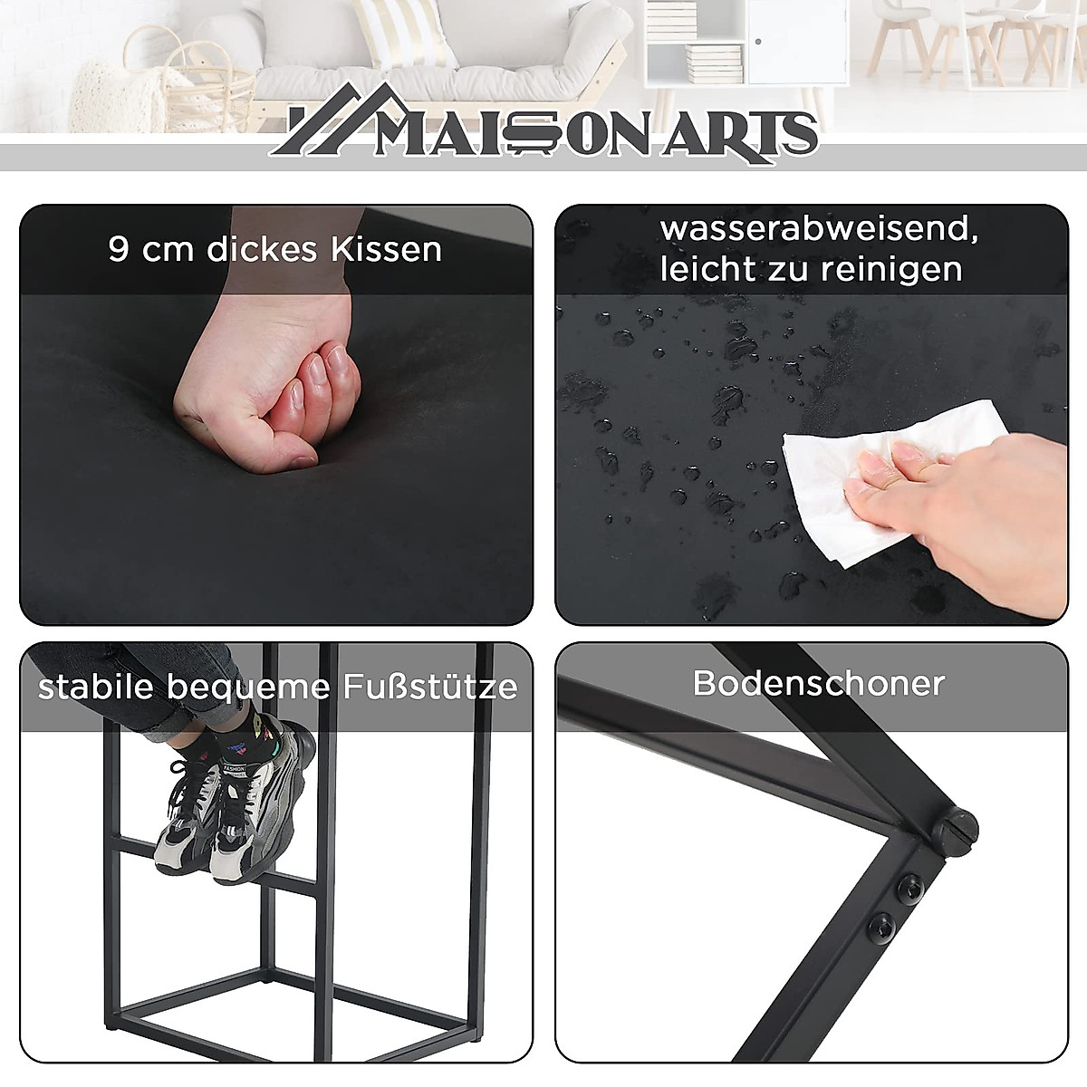 MAISON ARTS Black Counter Height 24" Bar Stool for Kitchen Counter Backless Modern Square Barstool Upholstered Faux Leather Stool Farmhouse Island Chair, Support 330 LBS,(24 Inch,Black), 1pc