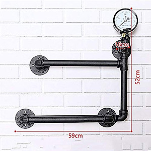 Stylish Simplicity Shelf Wall Mounted Floating Rack Wooden Industrial Style Shelf Solid Wood Iron Art Retro Display Stand with Pressure Gauge Wine Racks Restaurant Wineglass, PIBM, Black, 59x18x5