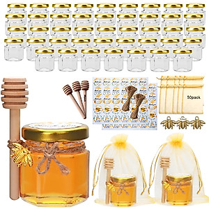 XING-RUIYANG 1.5 oz Glass Honey Jar- Small Hexagonal Honey Jars with Wooden Dipper Gold Lid Bee Charms Gold Gift Bags and Rope for Baby Shower Wedding Party Favors (50 PACK)