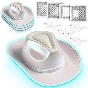 12 Pack Cowboy Hat with Bandanna Heart Sunglasses LED Cowboy Hat Bulk Flashing Cowboy Hat for Adult Party Costume(White)