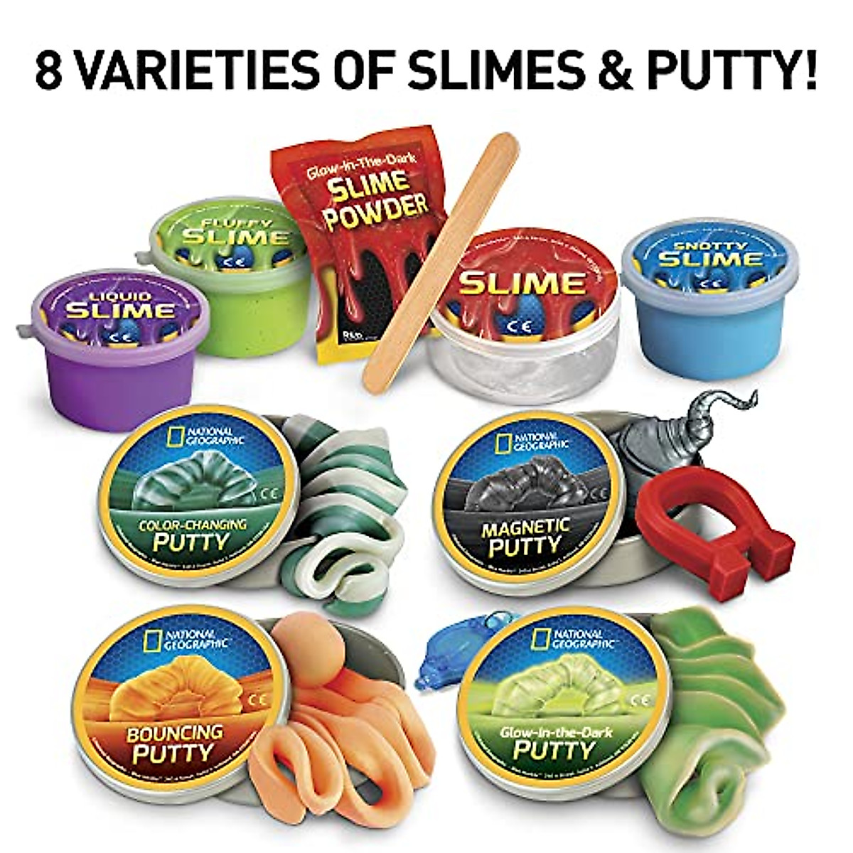 NATIONAL GEOGRAPHIC Mega Slime Kit & Putty Lab - 4 Types of Slime Plus 4 Types of Putty Including Magnetic Putty, Slime Kit for Boys and Girls, Sensory Putty Toy & Science Kit (Amazon Exclusive)