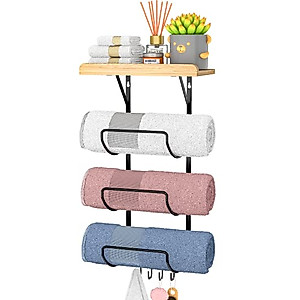 Goramio Wall Mounted Towel Rack for Bathroom - Metal Towel Storage Organizer with Wooden Top Shelf and 4 Hooks - Towel Holder for Rolled Towels, Bath Towels, Washcloths, Hand Towels, Small Towels