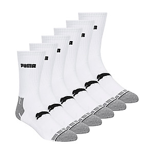 PUMA mens 6 Pack Crew running socks, White/Grey, 13-Oct US
