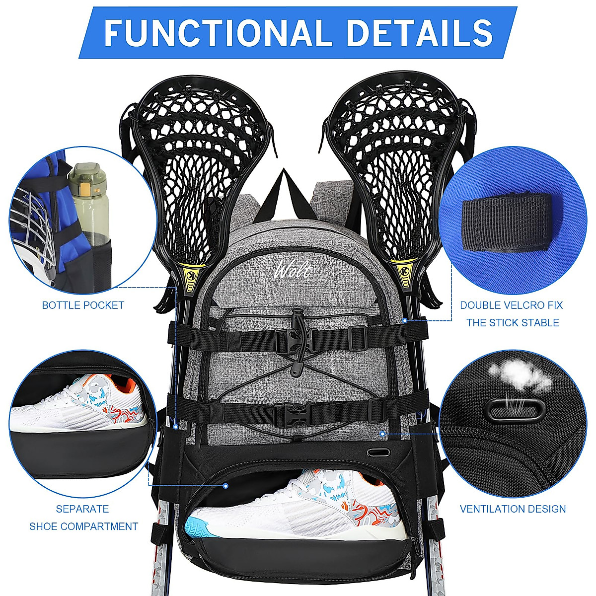 WOLT | Lacrosse Bag-Lacrosse Backpack with Two Sticks Holder-Large Field Hockey Bag Holds All Lacrosse Gears
