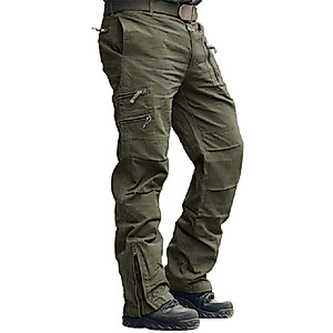 CRYSULLY Men's Casual Trousers Cotton Wild Cargo Pant Combat Wear Work Pants with Zipper Assault Pants Army Green