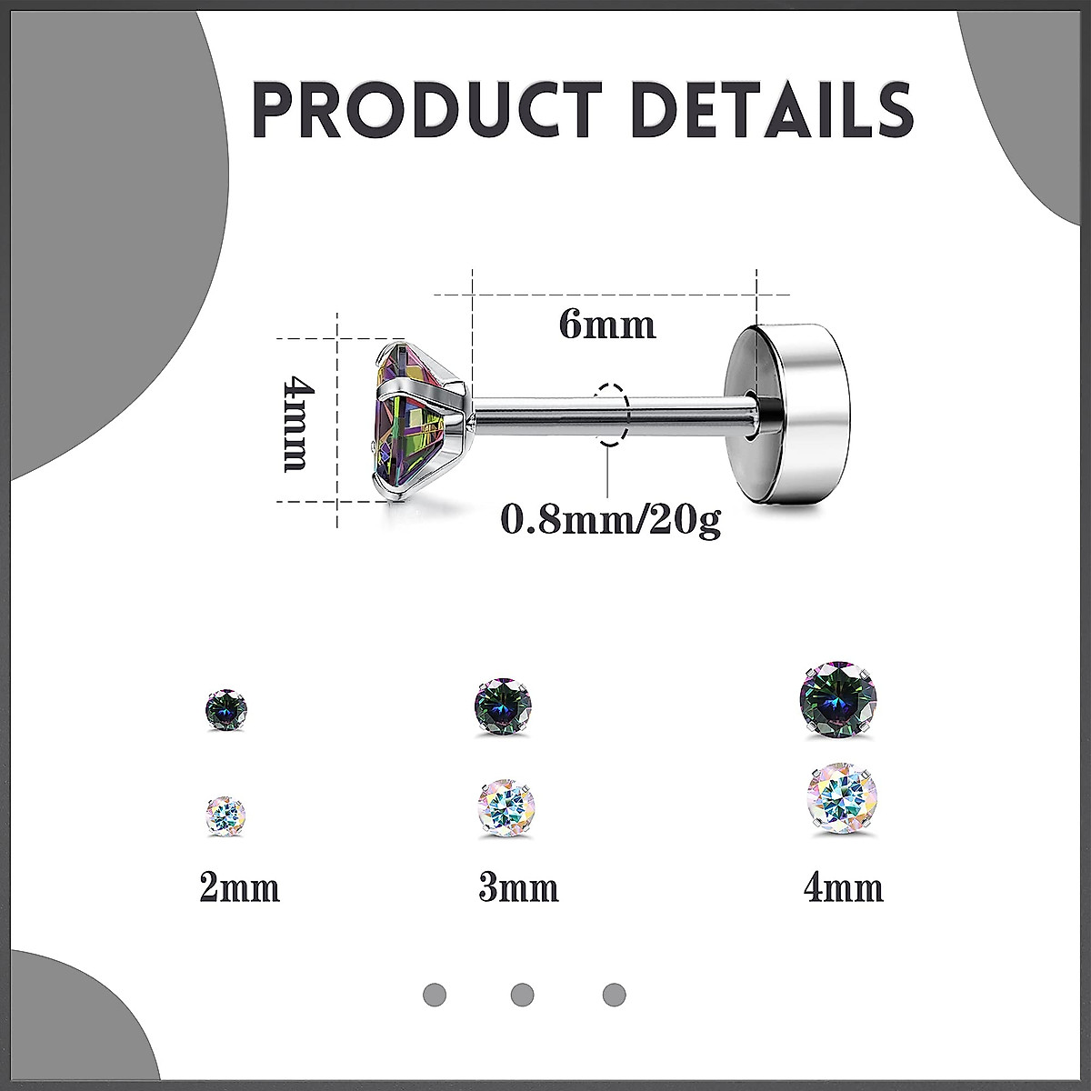 JOERICA 12Pairs 20G Stainless Steel CZ Stud Earrings for Women Men Cartilage Helix 2mm Stud Earrings Set Round Cubic Zirconia Screw Flat Back Stud Ear Piercing