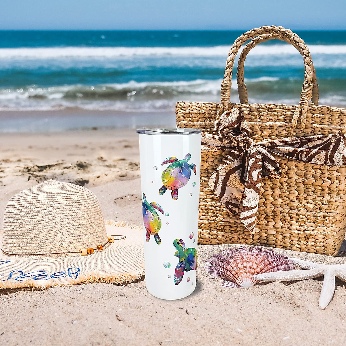 Mofvugz Sea Turtle Gifts - 20 Oz Double Wall Vacuum Insulated Stainless Steel Tumbler with Lid and Straw - Watercolor Ocean Turtle Cup, Travel Coffee Mug