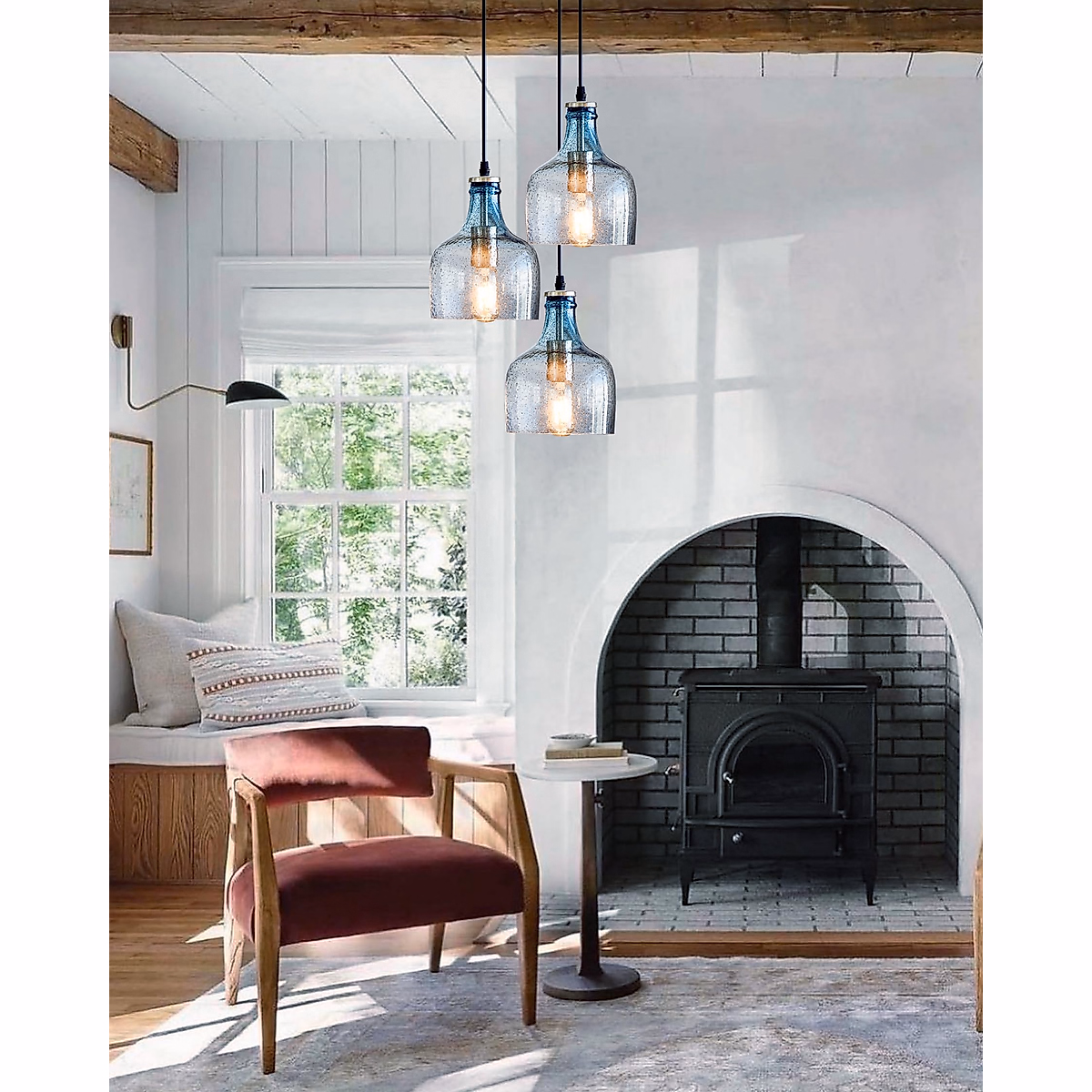 CASAMOTION Pendant Lights Kitchen Island Table Hand Blown Blue Glass Pendant Lighting Dining Room Black Marble Seeded Modern Ceiling Hanging Fixtures Brushed Nickel 8.2 Inch Height 3 Pack