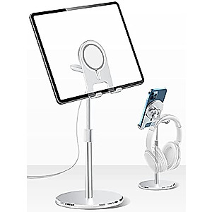 KU XIU Tablet Stand Holder, Phone Stand for MagSafe Charger, Headphone Stand 3 in 1 Adjustable Aluminum Stand for iPhone 13 12, iPad, Tablet, Kindle, Switch, AirPods, Sony, Bose(No Included Magsafe)