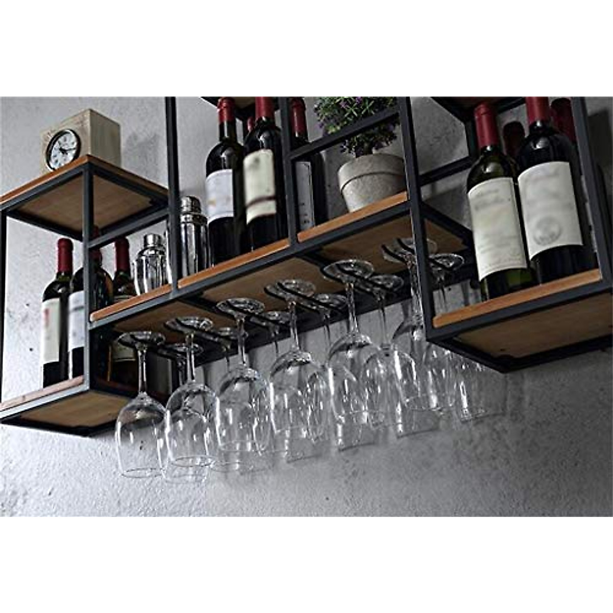 PIBM Stylish Simplicity Wall-Mounted Shelf Wrought Iron Wooden Ledge Living Room Bedroom for Bookshelf Storage Display Wine Glass Rack Floating Decorative Unit Frame Retro Creative Style