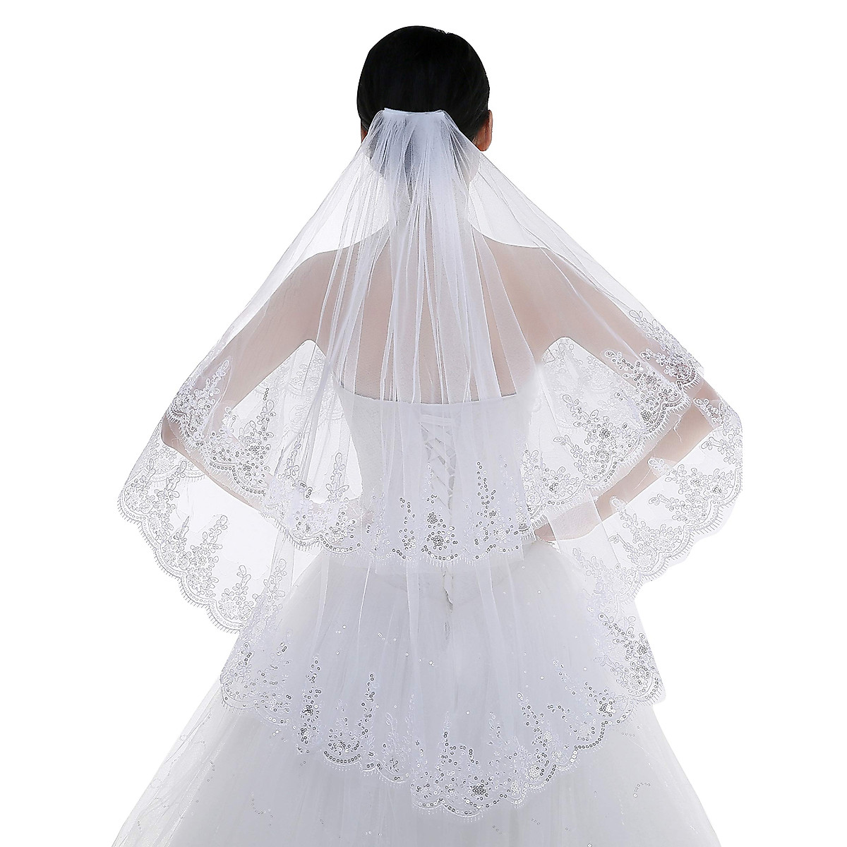 Edith qi 2 Tier Lace Silver Lined Beaded Edge Fingertip Length Bridal Wedding Veil,White,Free Size