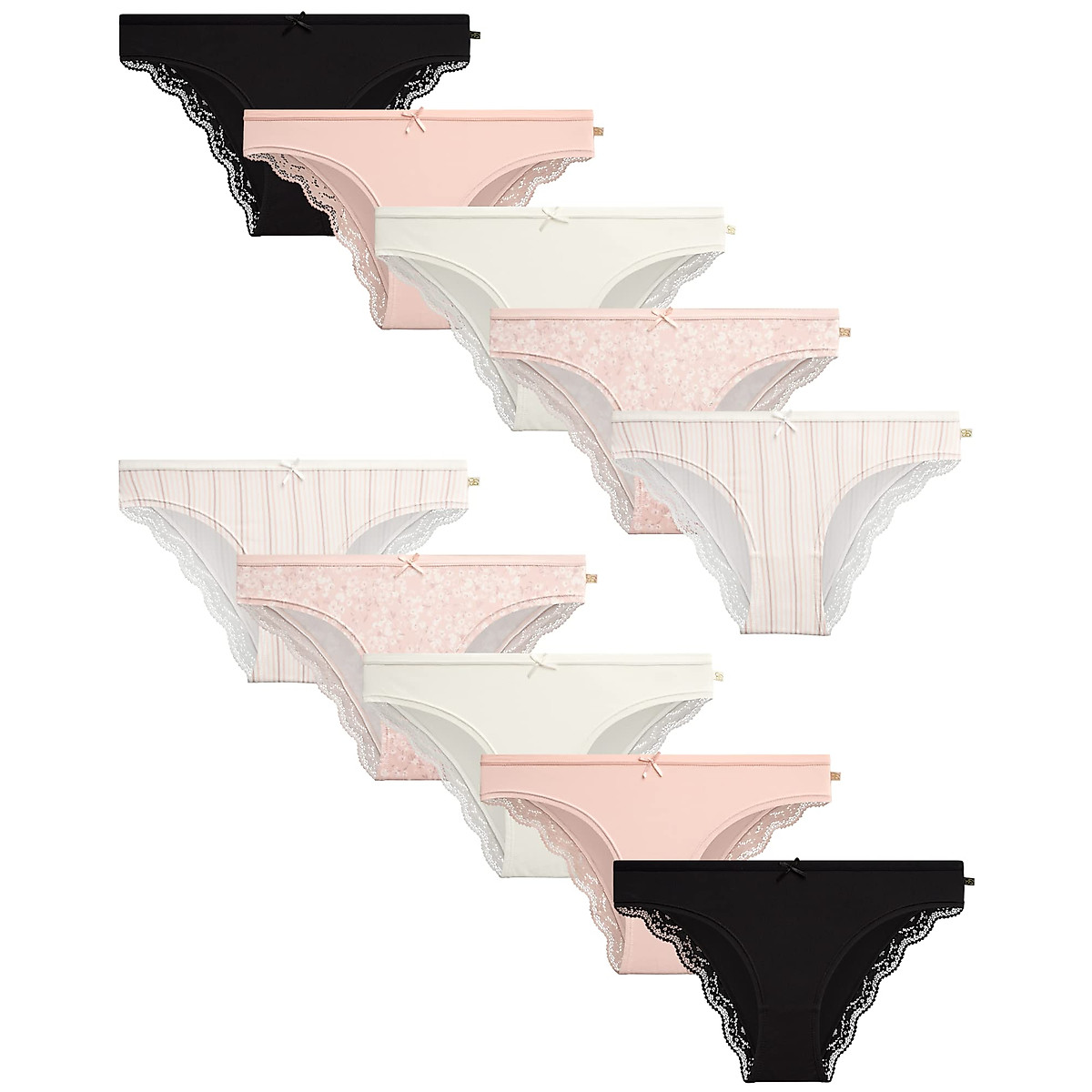 Jessica Simpson Women's Underwear - 10 Pack Seamless Bikini Briefs (S-XL), Size Medium, Floral Print/Gardenia/Stripes/Rose Smoke/Black