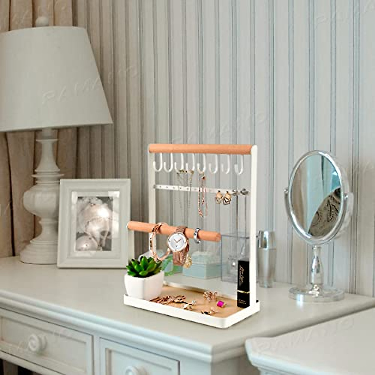 PAMANO Jewelry Organizer Necklace Stand Holder, 4-Tier Hanging Wooden Ring Earring Tray, 8 Hooks Necklaces Storage 12 Earring holes, Bracelets, Rings & Watches Display On Desk Tabletop - White