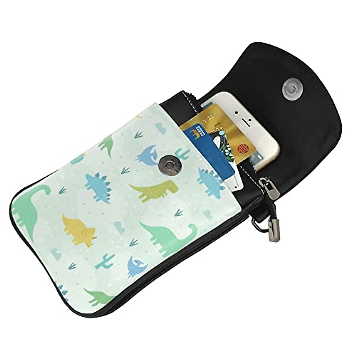 Women's Cell Phone Pouch Small Leather Crossbody Bags Cute Cartoon Dinosaurs Printed Wallet Purses with Adjustable Strap Mini Shoulder Bag Card Holder Wallet