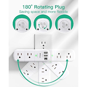 USB Outlet Extender Surge Protector - with Rotating Plug, 6 AC Multi Plug and 3 USB Ports (1 C), 1800 Joules, 3-Sided Swivel Power Strip Spaced Splitter for Home, Office, Travel