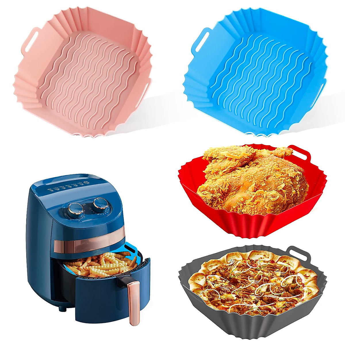 4 Pack Silicone Air Fryer Liners, Reusable Air Fryer Basket Bowl for 4 to 7 QT, Replacement of Flammable Parchment Paper, 8in Square Baking Tray Pots, Easy to Clean for Oven Accessories(4 Colors)