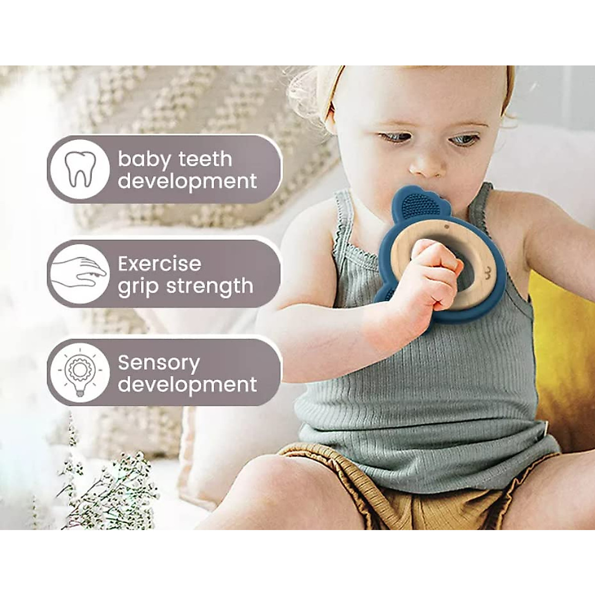 LogiBear Animal Baby Teether Ring for 6+ Months, Non-Toxic BPA Free Food Grade Silicone and Beech Wood, Baby Tested for Easy Grip and Soothing Teething Pain (Deer, Sage)