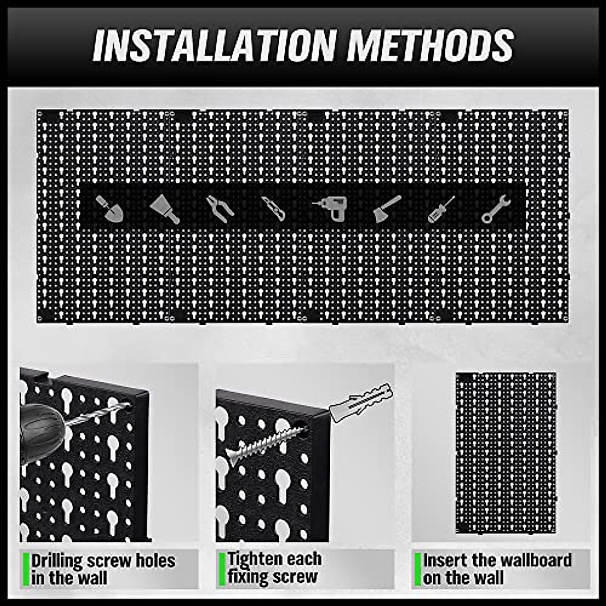 SWANLAKE 8PCS Black Plastic Pegboard Panels, 152"Wide Garage Tool Pegboard