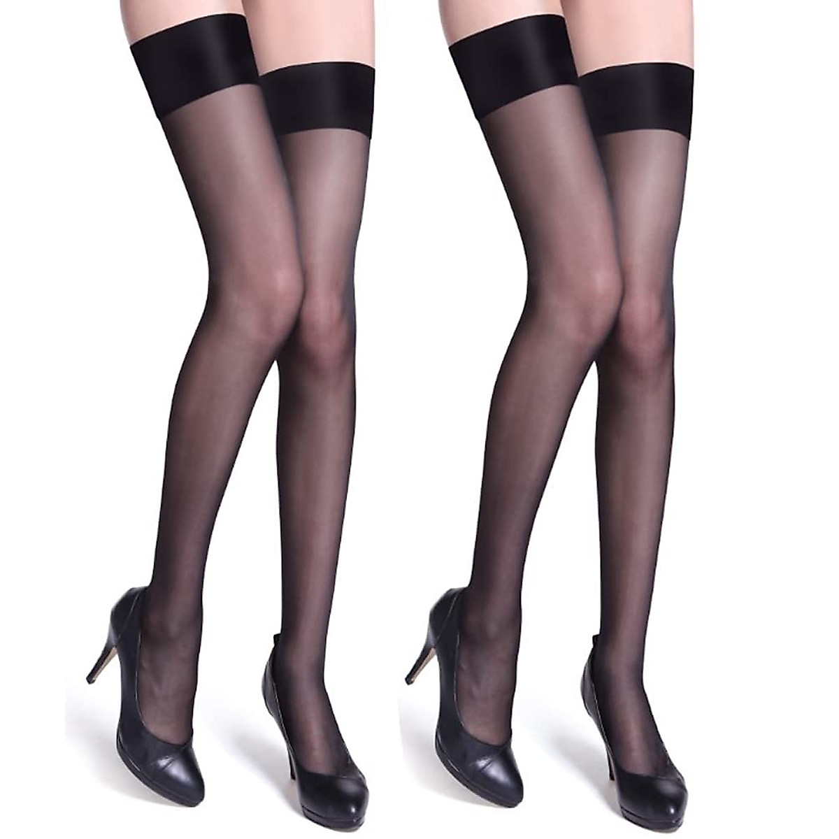 Aoredone Womens Thigh High Stockings for Suspender Garter Belt Lace Top Sexy Sheers Black Ladies Tights Pantyhose (Free Size, Black 2 Pair)