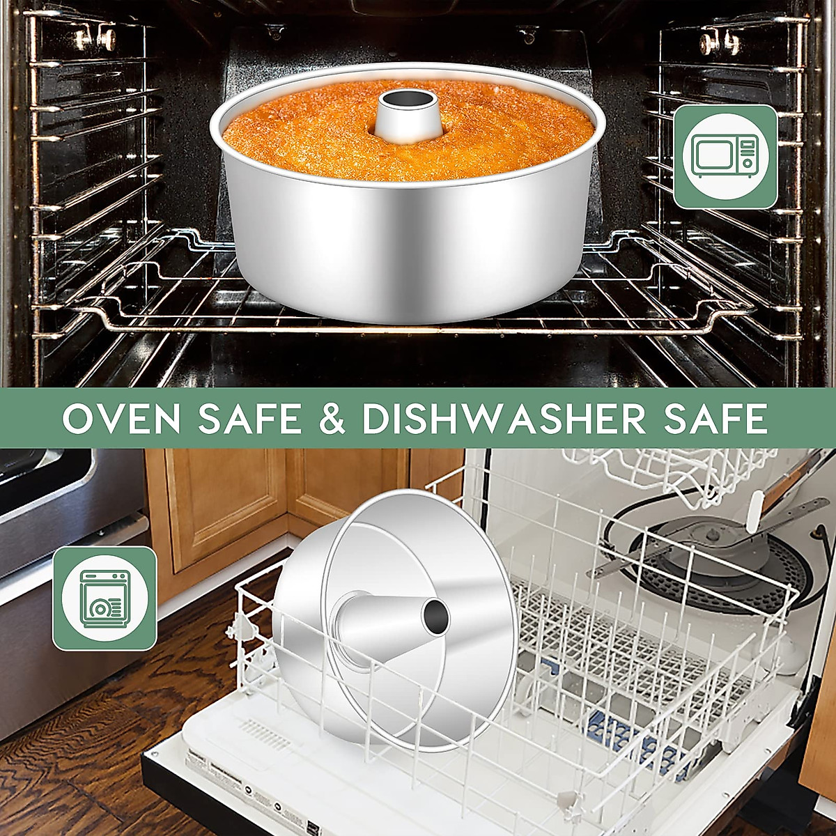 TeamFar 10inch Angel Food Cake Pan, Stainless Steel Cake Pan with Tube, Healthy & Non-toxic, Durable & One-Piece, Mirror Finish & Dishwasher Safe