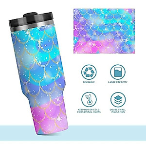 Yasala Car Tumbler with Handle Fantasy Magic Mermaid Scales Glitter Travel Mug Coffee Cup Insulated Beverage Container Mega Cup for Hot Cold Drinking Thermos Water Bottle Cupholder Friendly 40 oz