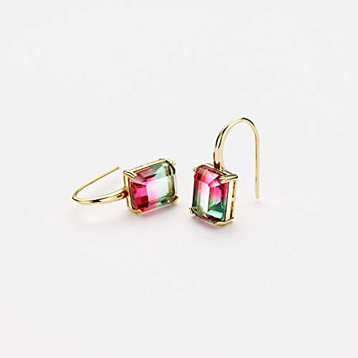 Watermelon Tourmaline Drop Earrings Nickel Free Copper Gradient Color Baguette Cut CZ Earrings for Women Girls