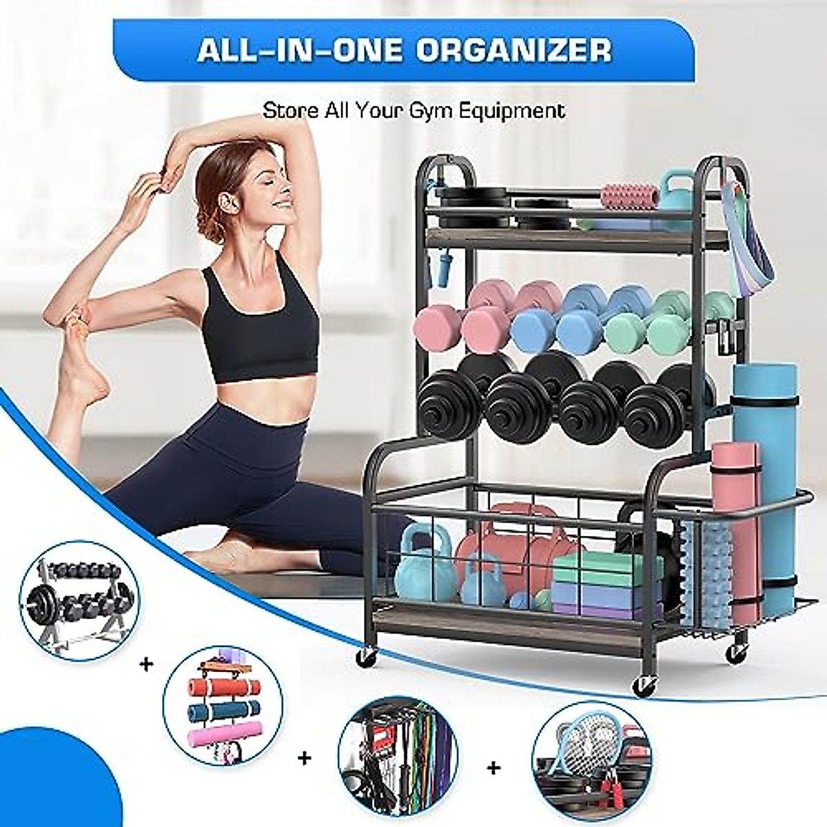 Yoga Mat Storage Rack, Home Gym Storage Yoga Mat Organizer Holder, Sehloran Dumbbell Rack With Hooks and Wheels, Weight Rack for Dumbbells and Kettlebells, Workout Equipment Weight Stand for Home Exercise and Fitness Gear (Metal)