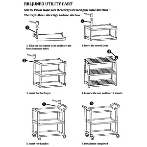 BRLJUNEO Plastic Utility Carts with Wheels, 3-Tier Large Size Restaurant Food Cart, Heavy Duty 600lbs Capacity Rolling Service Cart w/Hammer for Commercial, Kitchen, Office (Lockable Wheels, L-Grey)