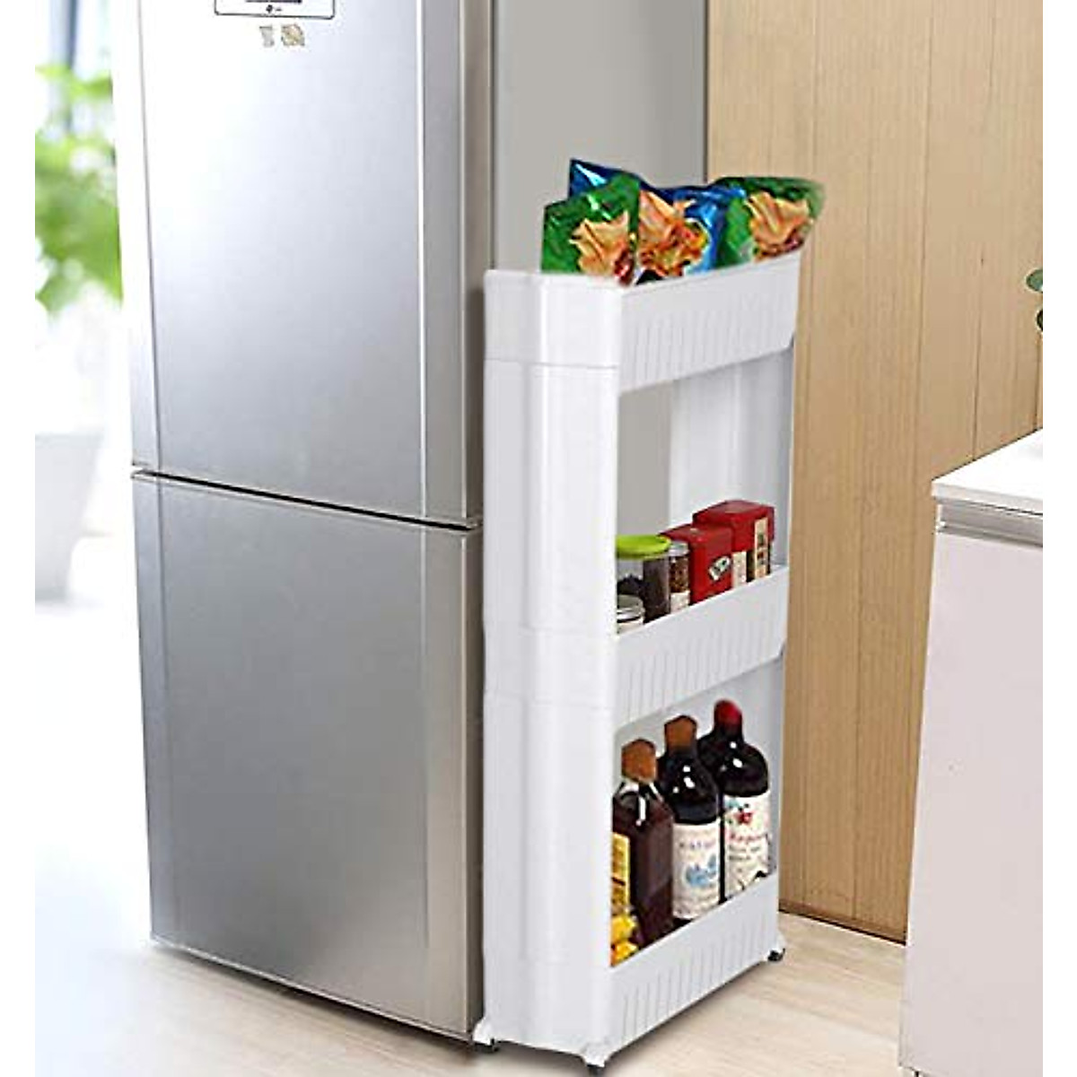 Home-X Slim 3-Tier Rolling Cart for Laundry Room and Bathroom Organization, Space-Saving Storage with Shelves and Wheels, Small Pantry Shelf, Narrow Organizer, White Shelving Unit