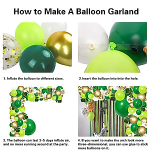 RUBFAC 134pcs Jungle Safari Balloons Garland Arch Kit, Green and Gold White Confetti Balloons with Artificial Tropical Palm Leaves for Birthday Baby Shower Wild One Animal Dinosaur Theme Decoration