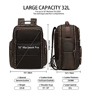Taertii Full Grain Mens Leather Backpack for 15.6" Laptop Large Capacity 32L Multi Pockets Travel Work Hiking Daypacks