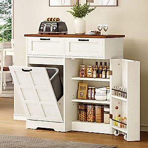 DWVO Trash Can Cabinet with Drawers, Pull Out Trash Can, Hidden Trash Can Cabinet, Garbage Bin Cabinet, Kitchen Island with Trash Can Storage, Ultimate Storage Solutions, White Oak