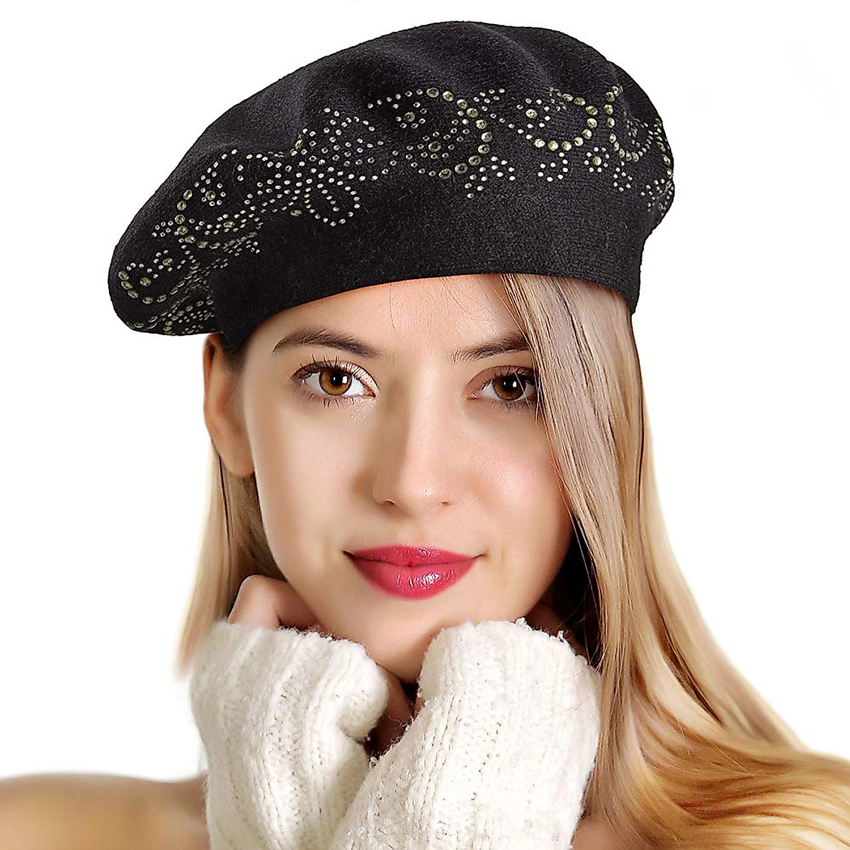 LADYBRO Barre Hat Wool Beret Hats for Women Rhinestone Womens Hats and Caps Winter Black