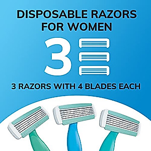 BIC Soleil Comfort 4-Blade Disposable Razors for Women Sensitive Skin Razor for a Smooth and Close Shave, 3 Piece Razor Set