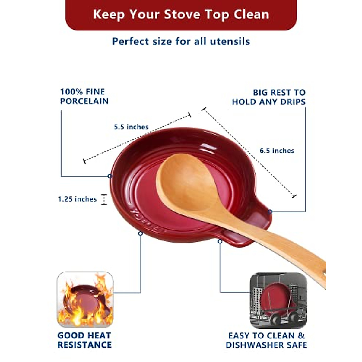 Yoeuen Ceramic Spoon Rest for StoveTop, Heat-Resistant Spoon Holder for Kitchen Counter, Large Utensil Rest for Spatula, Spoons or Tongs, Red 1pcs
