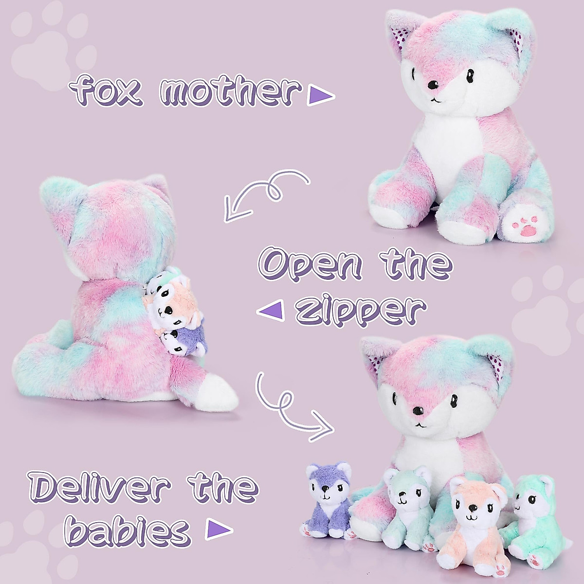 Pegmapri Rainbow Fox Stuffed Animals, Mommy Fox Plush with 4pcs Cute Baby Fox Plushie Set for Boys Girls