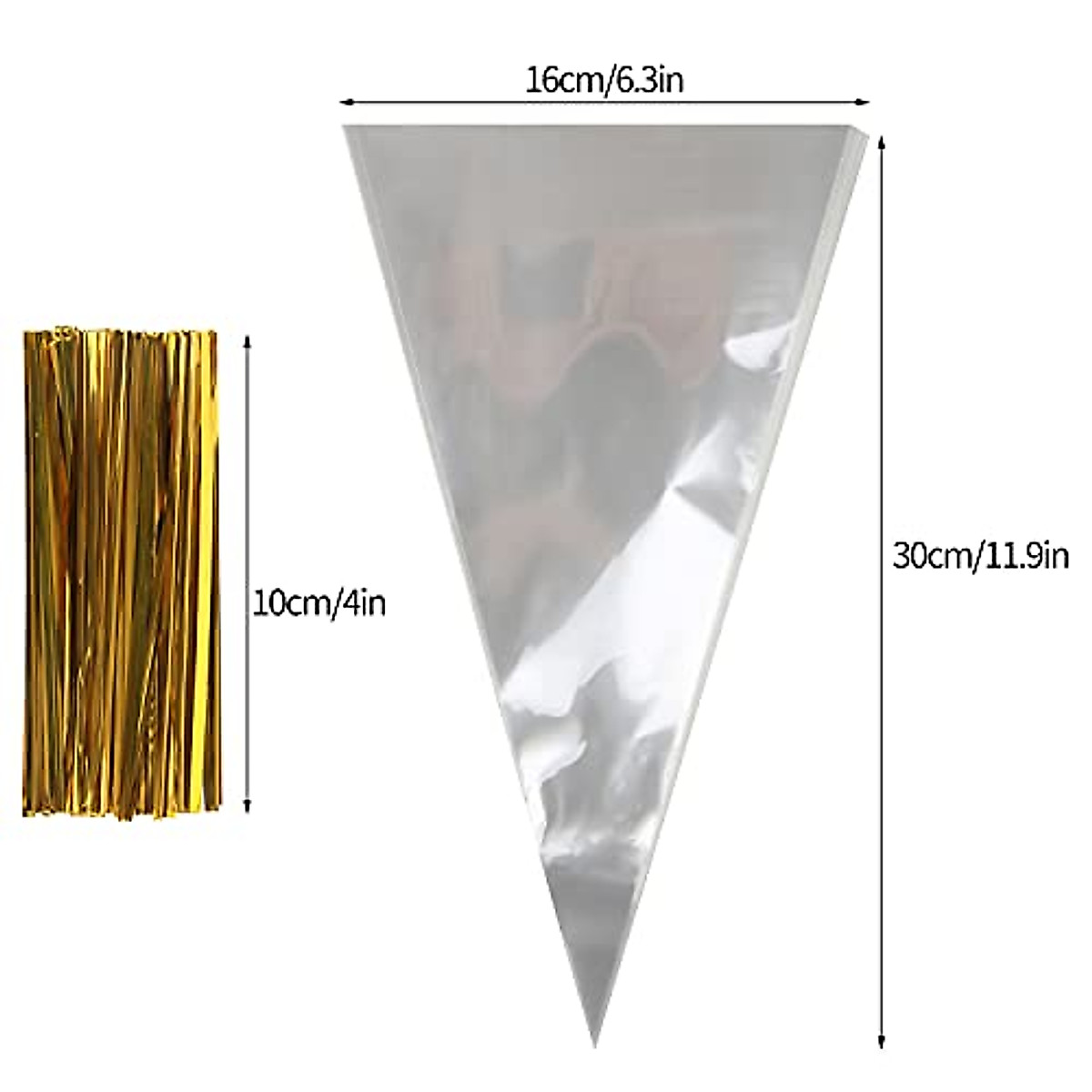 LOMIMOS 6X12in Clear Triangle Cellophane Bag,Cone Shaped Treat Cello Goody Bag with Twist Ties for Handmade Bakery Popcorn Cookie Dessert,100pcs