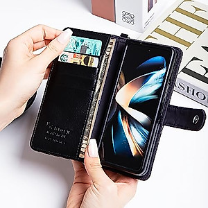 Qoosan Genuine Leather for Galaxy Z Fold 5 Case with Strap Card Holder Hinge Protection Wallet Case, Gold