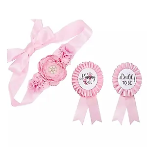 GDTO8820 CoolerthingsDG, 3pcs 2 badges and a belt Pink, Baby Pink Maternity Sash & Daddy to Be Corsage Set - Baby Shower Sash Baby Girl Pregnancy Sash Keepsake Baby Shower Flower Belly Belt