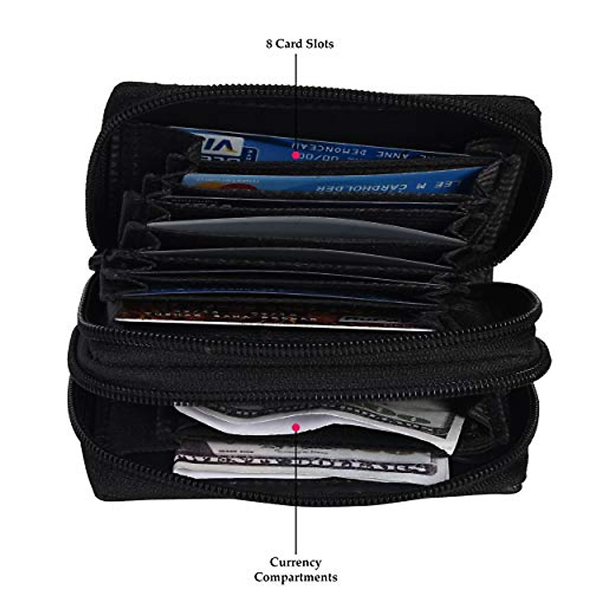 Leatherboss Genuine Leather Rfid Safe Double Zipper Accordion Wallet Organizer For Men Women, Black