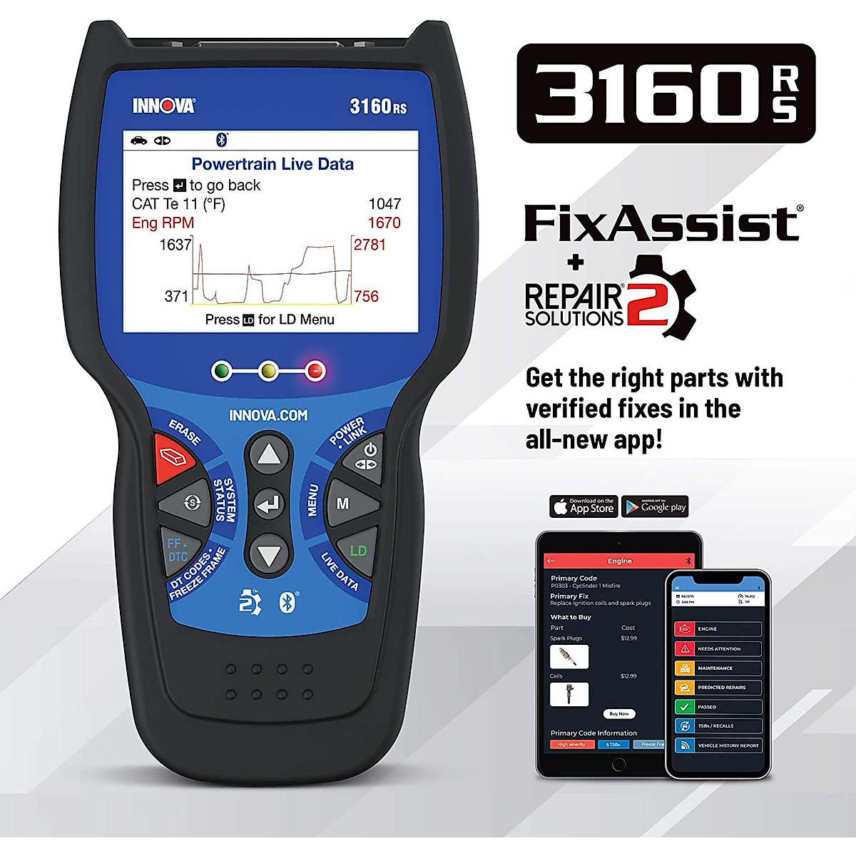 INNOVA 3160RS OBD2 Scanner, ABS Brake Bleeder, ABS SRS Engine Transmission Diagnoses, Airbag Light Reset, Car Battery Tester & Alternator Tester, Battery Reset, Fix & Parts Recommendations