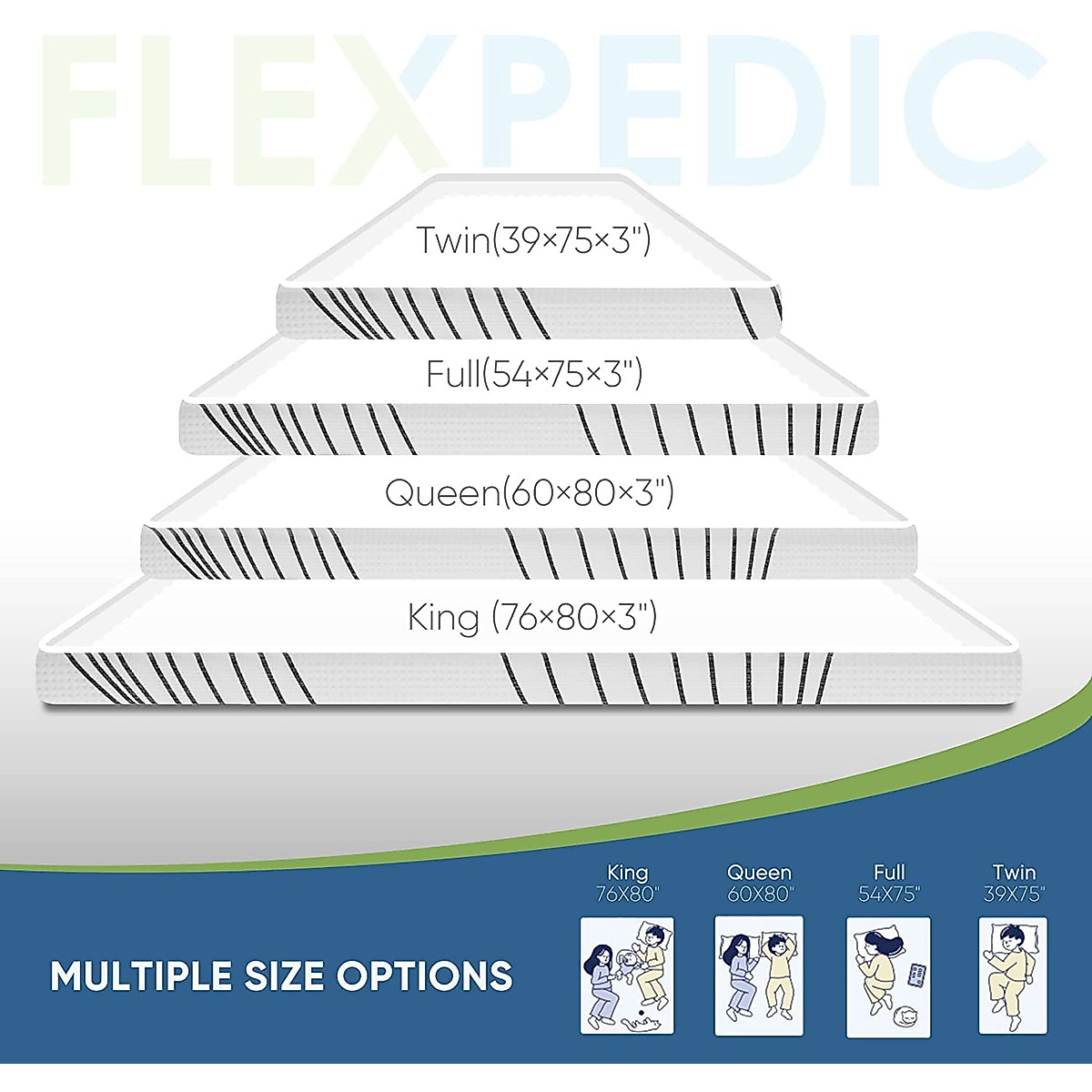 FLEXPEDIC 3D Breathable Mesh Cover and Coconut Shell Carbon Full Memory Foam Firm Mattress Topper 3 Inch, Double-Sided Cooling Pad with Non-Slip Ventilated Cover, Pressure-Free Mattresses Toppers