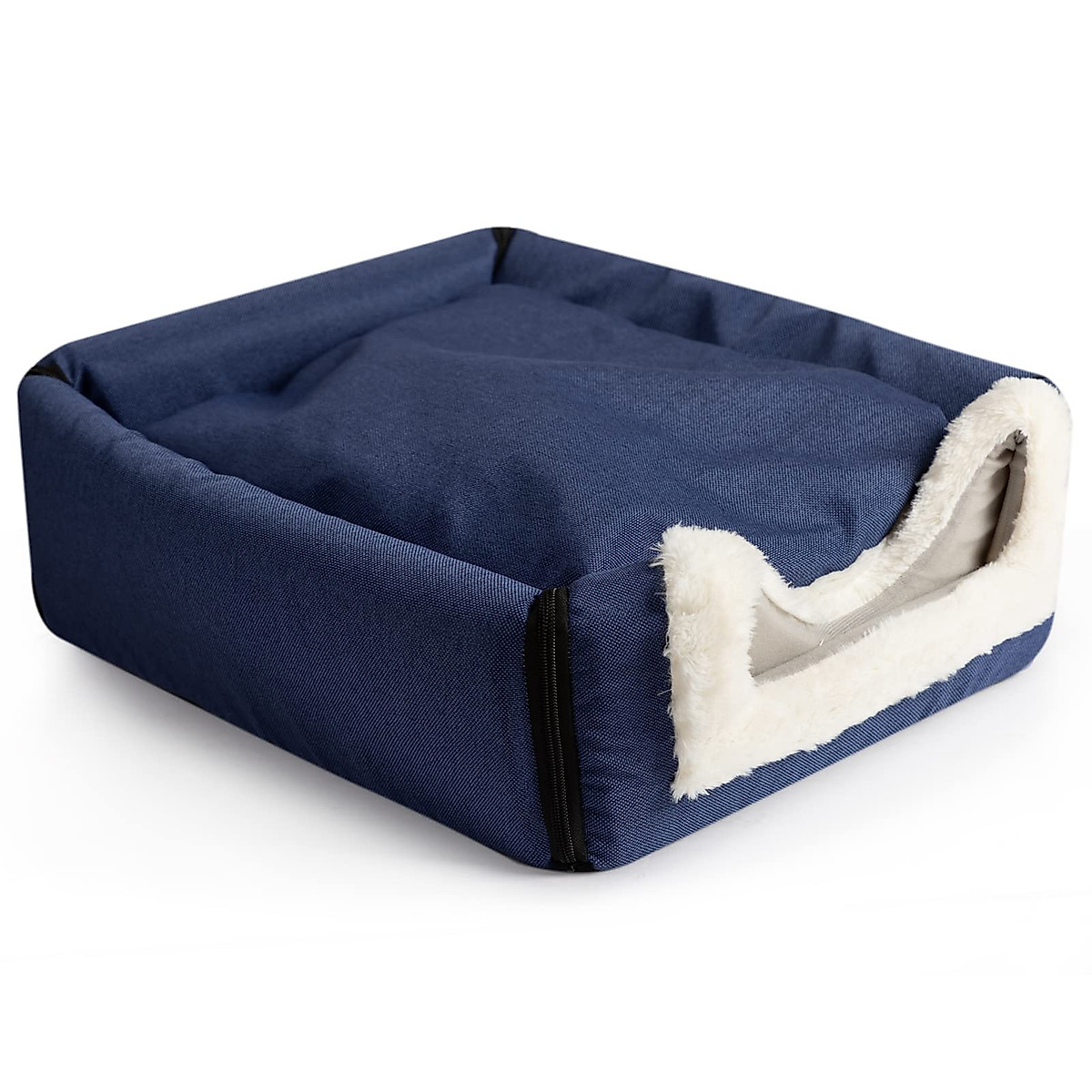 Hollypet Linen Cat Bed, Self-Warming 2 in 1 Foldable Cave House Animal Shape Nest Pet Sleeping Bed, Blue
