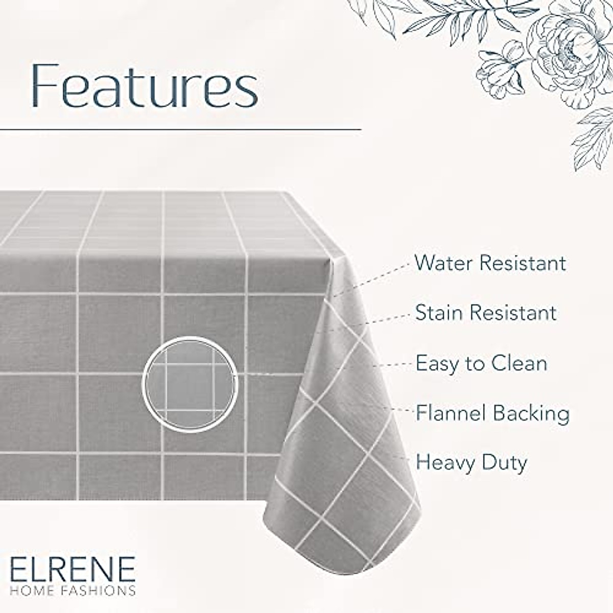 Elrene Home Fashions Windowpane Plaid Water- and Stain-Resistant Vinyl Tablecloth with Flannel Backing, 52 Inches X 52 Inches, Square, Gray