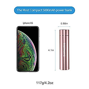 The Smallest 5000mAh Mini Power Bank, Lipstick-sized 2.4A Output Slim Portable Charger USB-C Charging Battery Pack Compatible with iPhone 11 X XS MAX XR 8 7 6s plus iPad Samsung Galaxy Cell Phone Pink