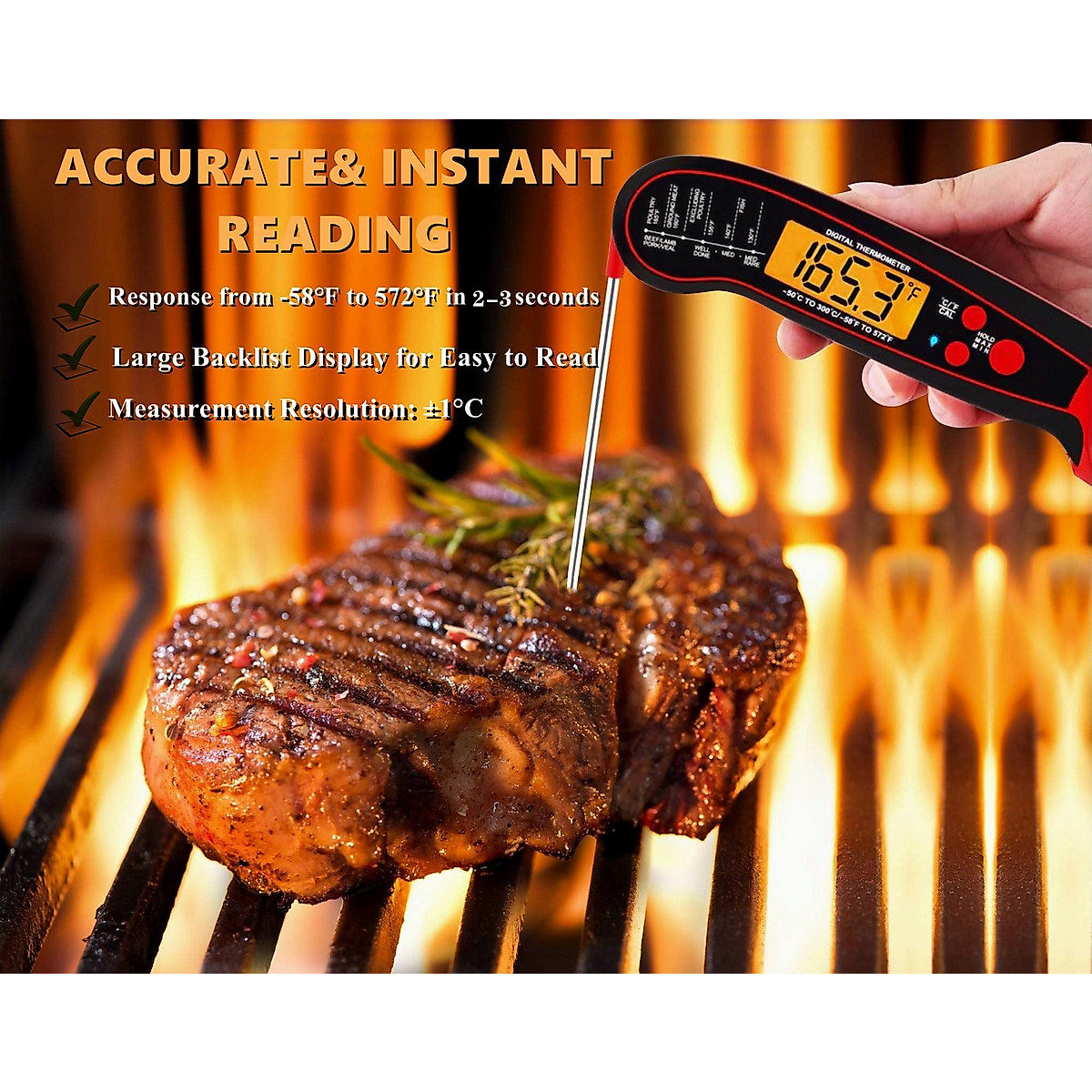 KUKVINA Instant Read Meat Thermometer for Cooking,Upgraded Waterproof Fast & Precise Digital Food Thermometer with Backlight, Magnet, Calibration, and Foldable Probe for Grill, BBQ,Roast Turkey