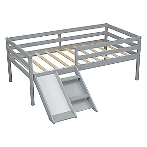 Twin Low Loft Bed with Slide, Ladder & Safety Guardrails, Wood Loft Bed Frame for Kids Teens Boys & Girls, No Box Spring Needed,Grey